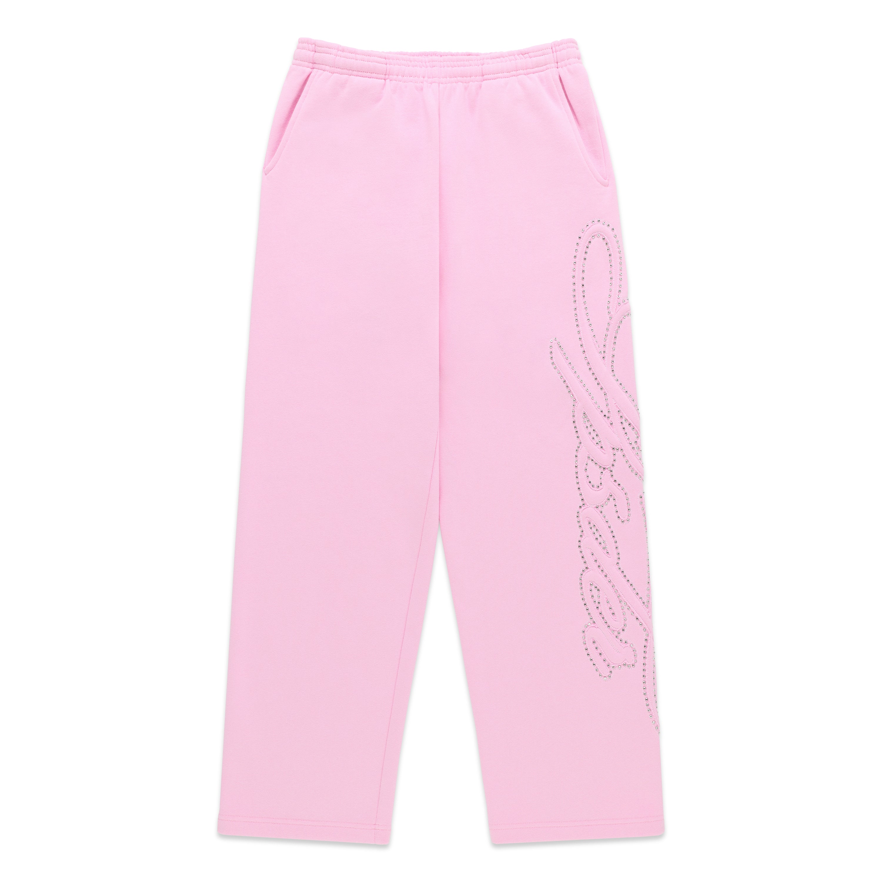 LIGHT PINK RHINESTONE SCRIPT WIDE LEG SWEATPANT | SP5DER | KING SPIDER