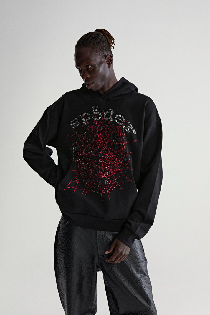 BLACK RHINESTONE OG WEB V2 HOODIE | SP5DER | KING SPIDER