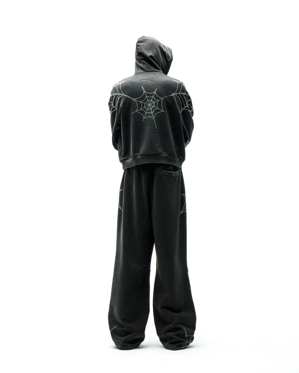 BLACK RHINESTONE WEB ZIP HOODIE | SP5DER | KING SPIDER